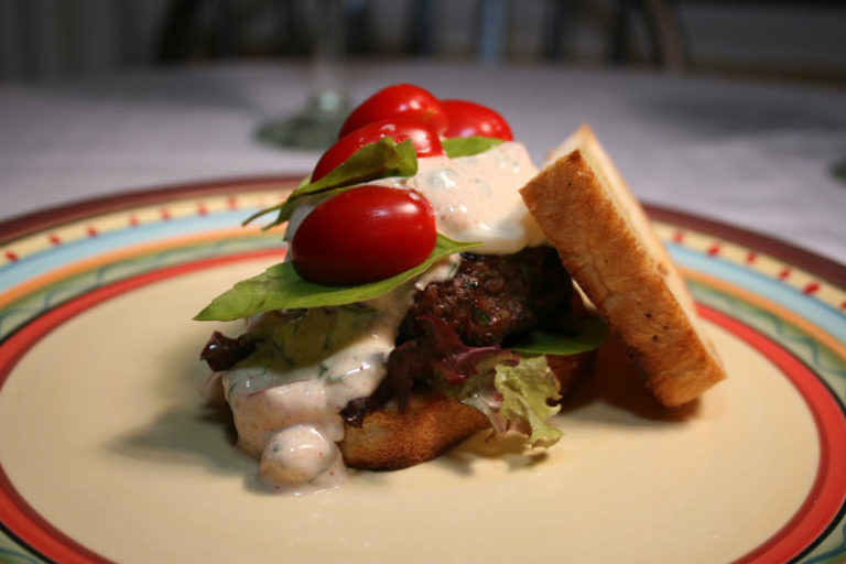 Cheese Kafta Burger with Grape Tomatoes, Roasted Garlic, Olive Oil ...
